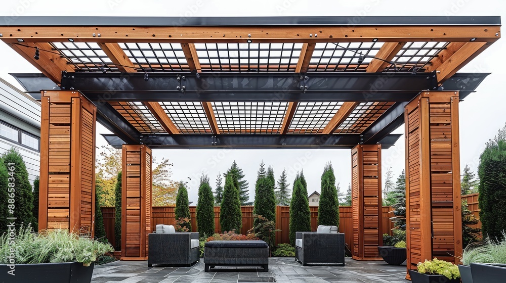 A frame wooden canopy with black metal beams and white background ...