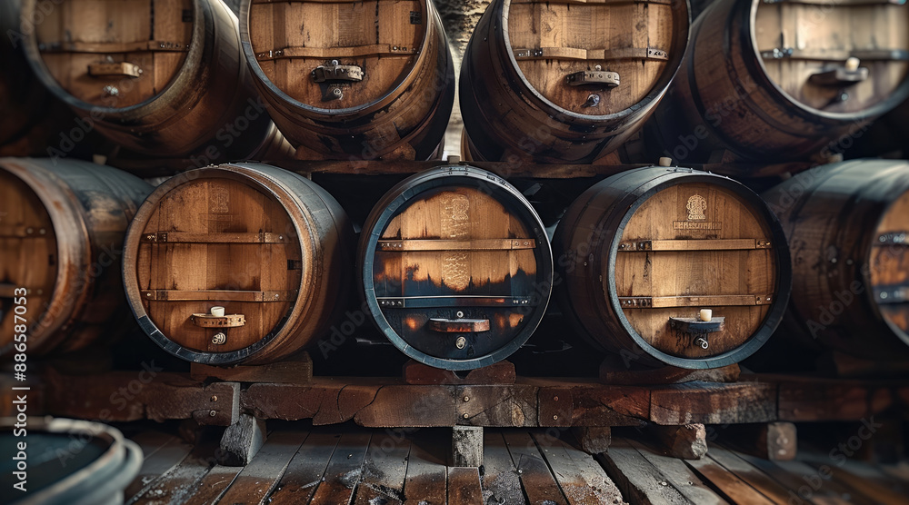 Oak wine barrels in old dark wine cellar Stacks of cognac, brandy, beer ...