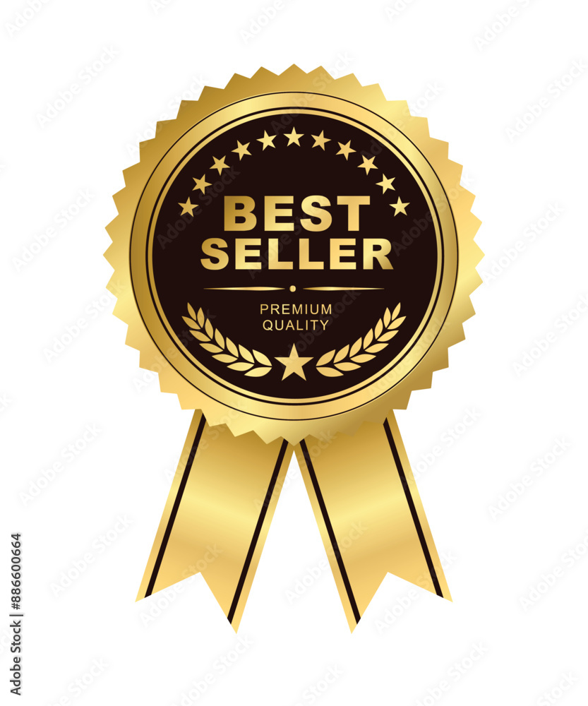 Best seller sticker label with ribbon, gold badge and gold ribbon with ...