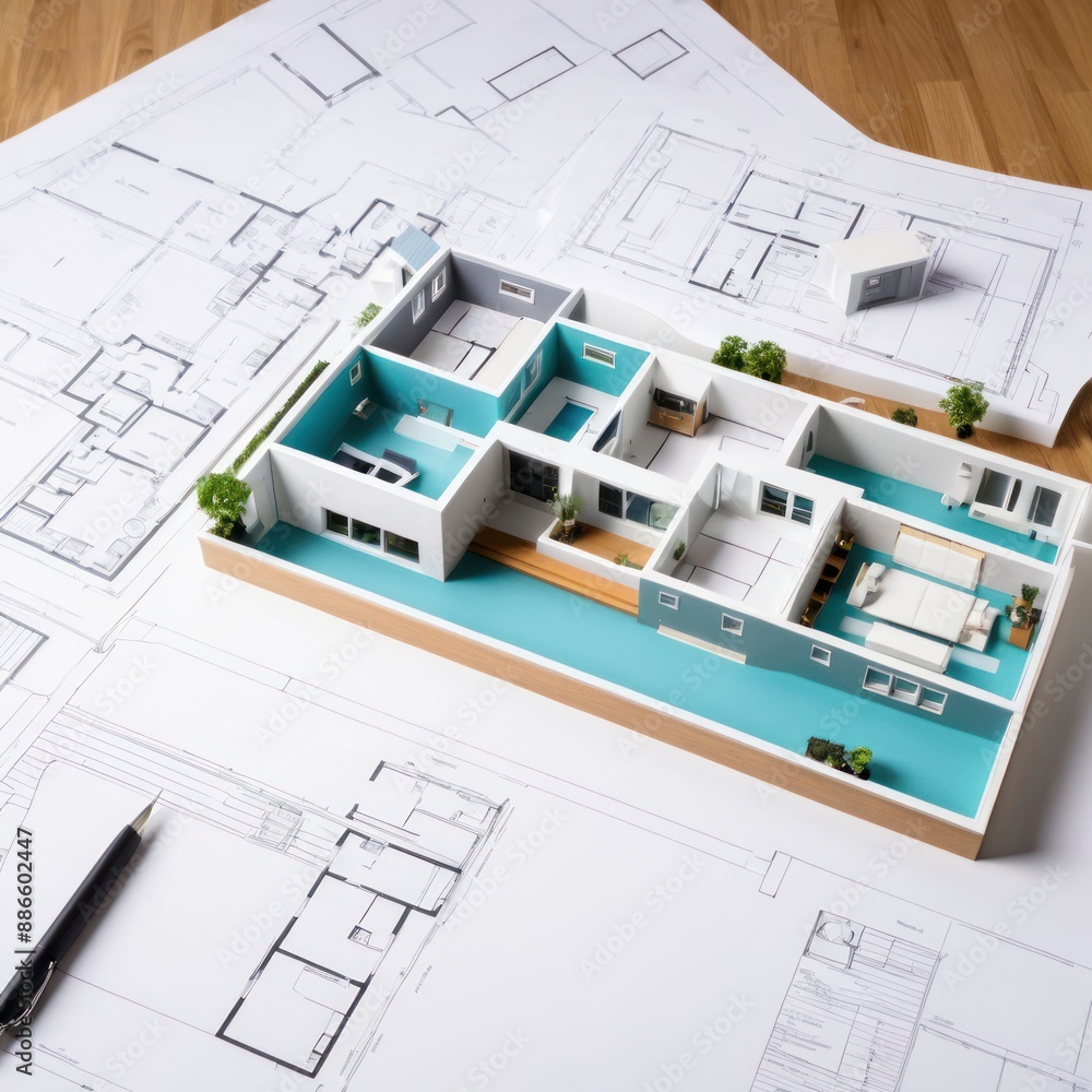 House Plan Visualization: A detailed model of a modern house sits atop ...