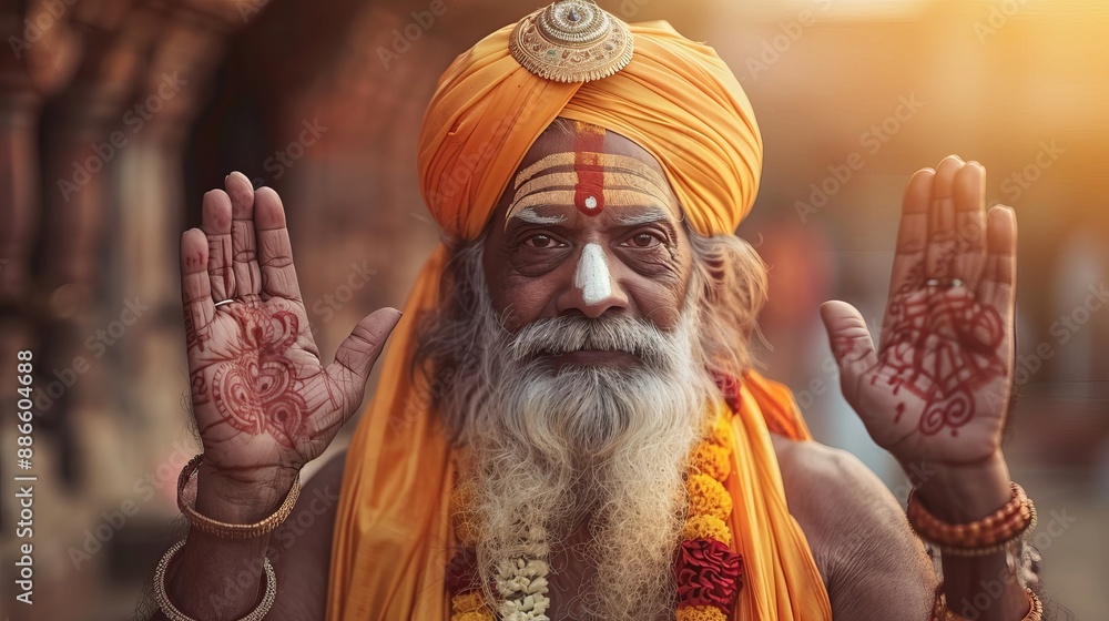 a hindu sadhu pandit giving blessing and ashirwad gesture with both his ...