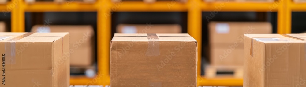 cardboard boxes on shelves in warehouse, shipping, delivery, logistics ...