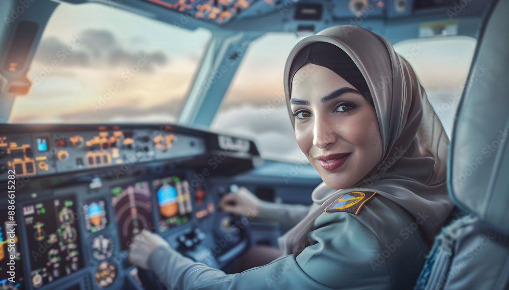 Název: A female pilot of Arab descent as a captain in the cockpit of an ...