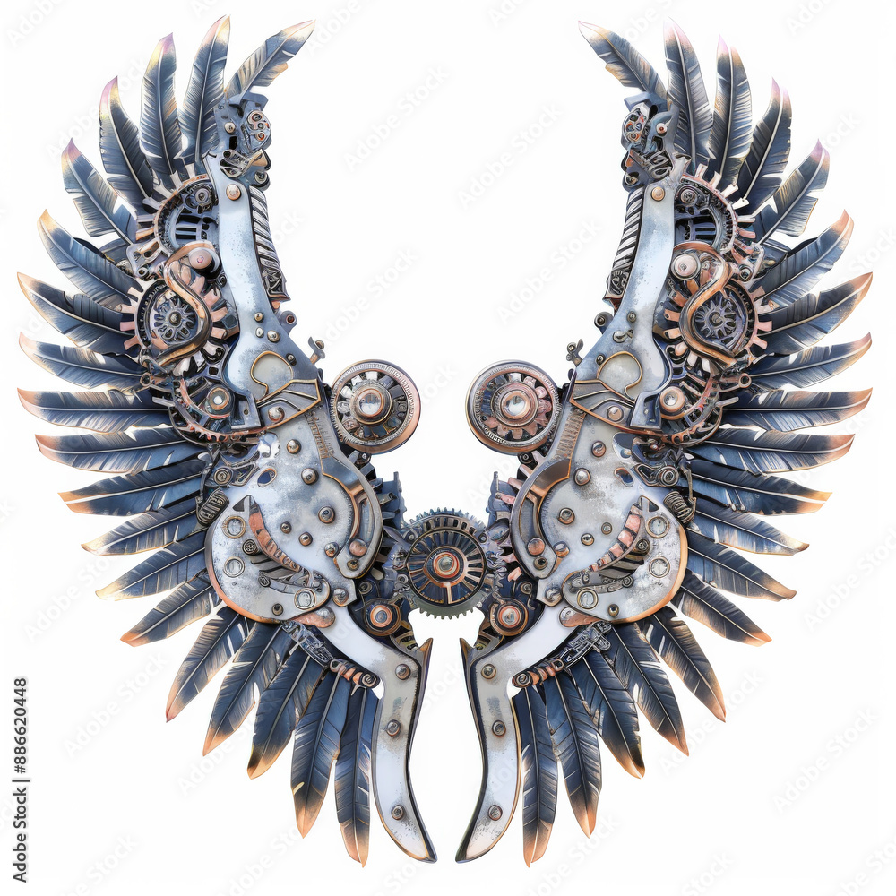 Stylized mechanical wings with metallic feathers and gears, showing a ...