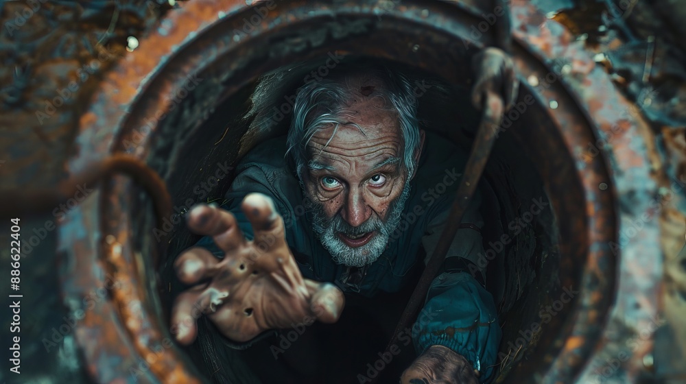 Horror Scene: Creepy Old Man in Abandoned Well, Extending Hand for ...