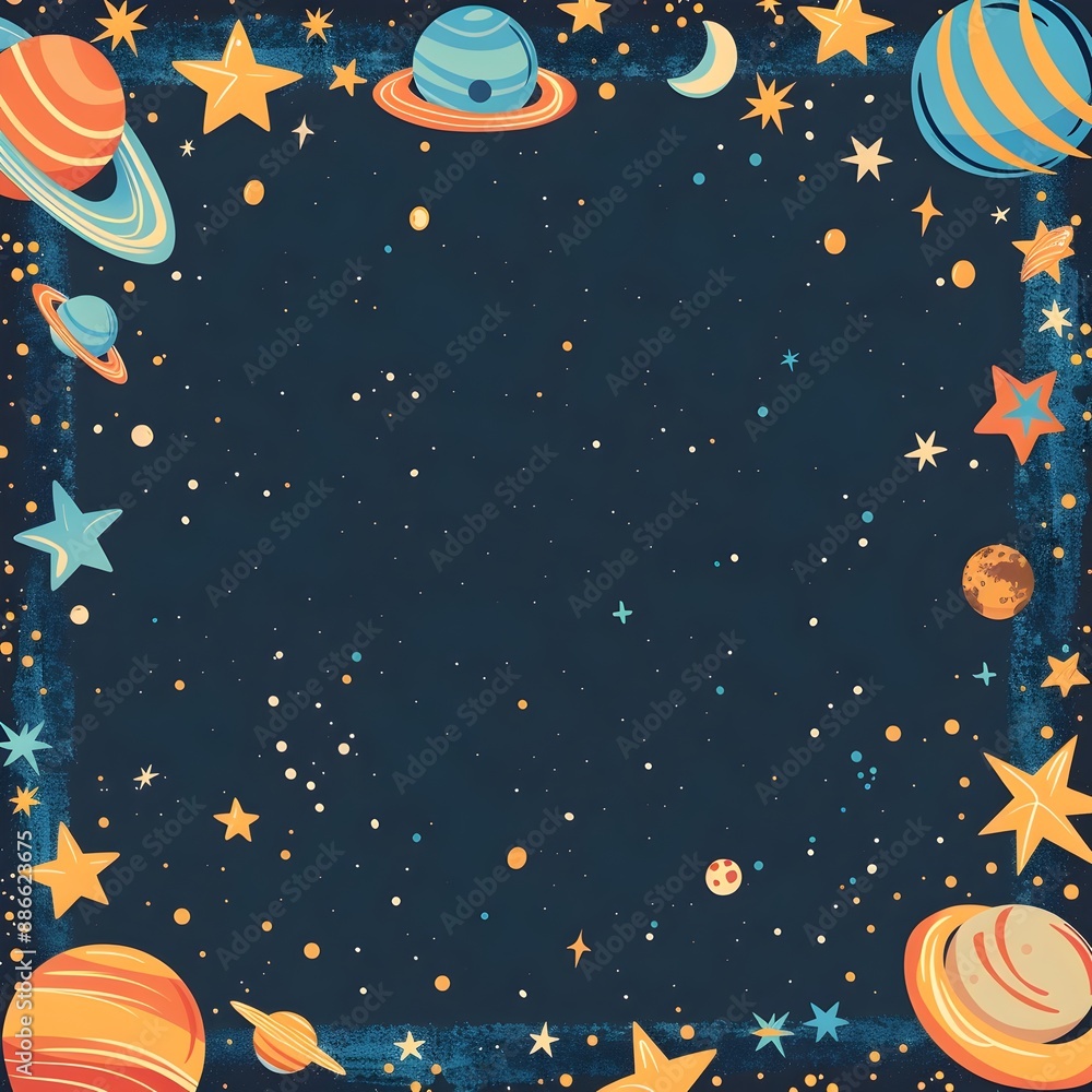 Whimsical Space Themed Frame with Vibrant Stars and Planets on a Starry ...