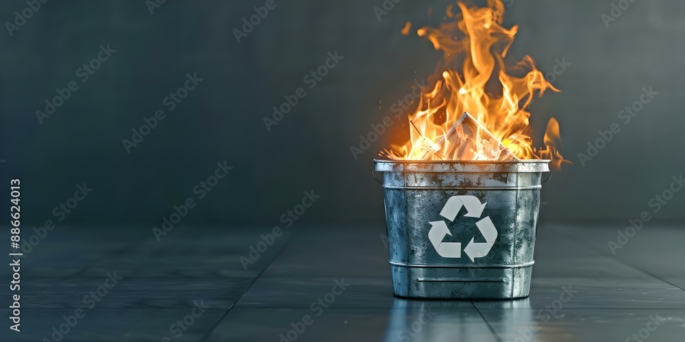 Free cartoon of burning trash bin with recycling symbol highlighting ...