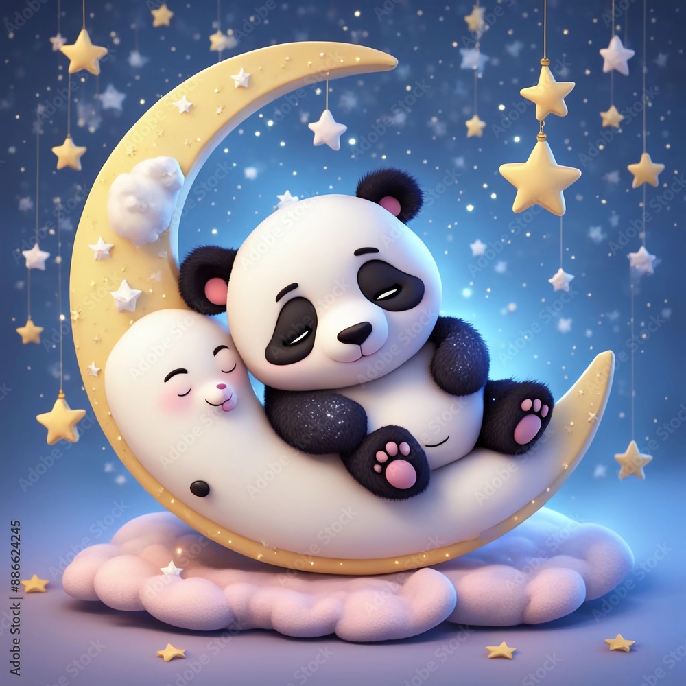 3D cartoon style of a cute Panda sleeping on a crescent moon, cuddling ...