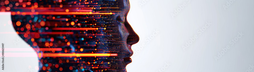 Abstract side profile of a face with glowing digital particles and neon ...