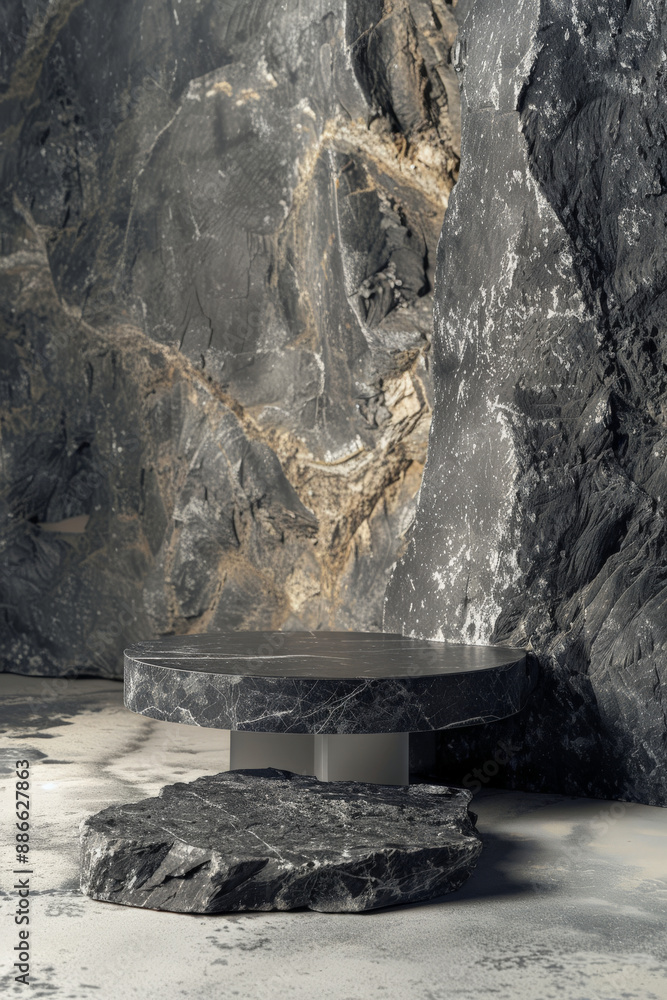 Textured basalt stone podium for product presentation on a rugged ...