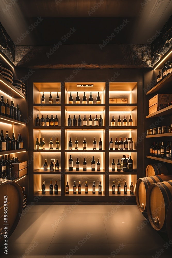 Wine cellar interior design concept with wooden shelves, oak barrels ...