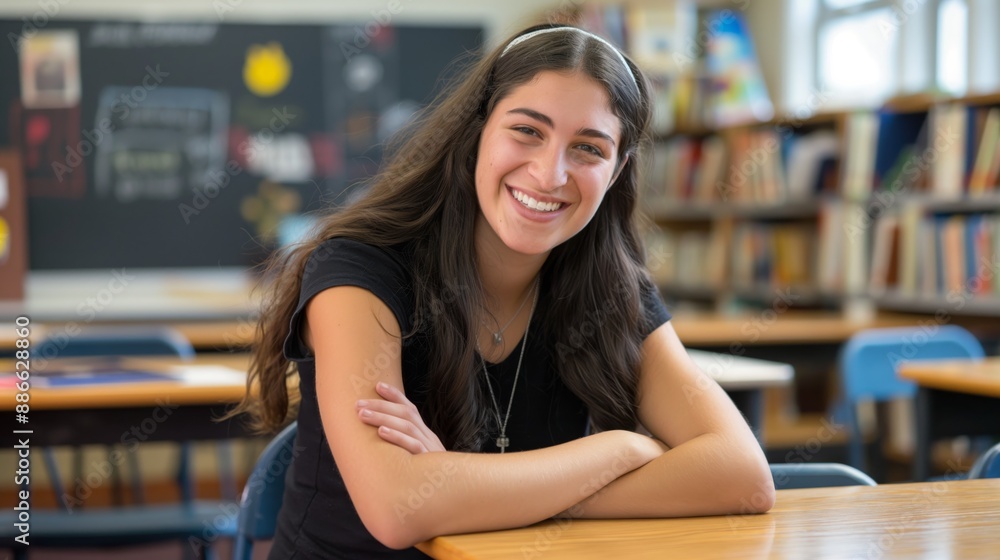 Jewish Female College Student Smiling in Classroom, Educational ...