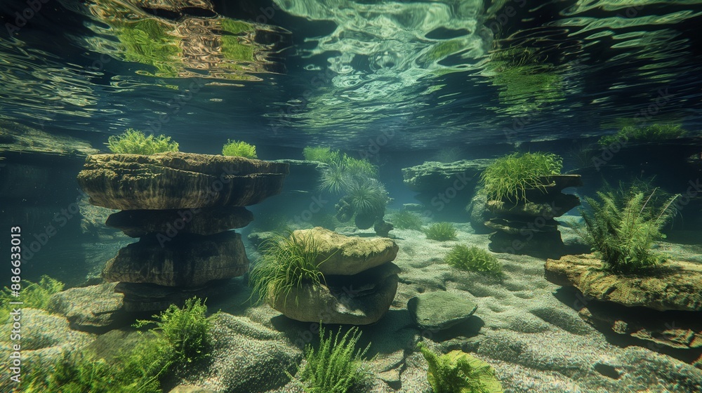 An underwater scene of a freshwater spring with crystal-clear water ...
