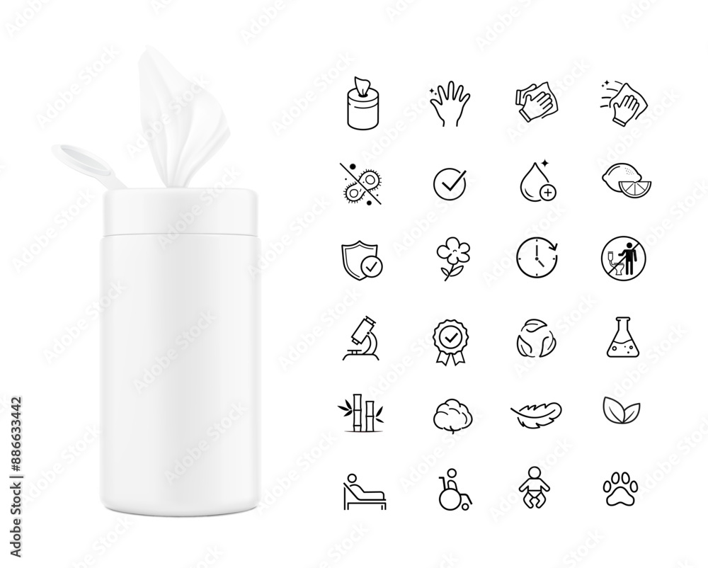 Poster Open wet wipes canister mockup with set icons – Wall Art | UkPosters