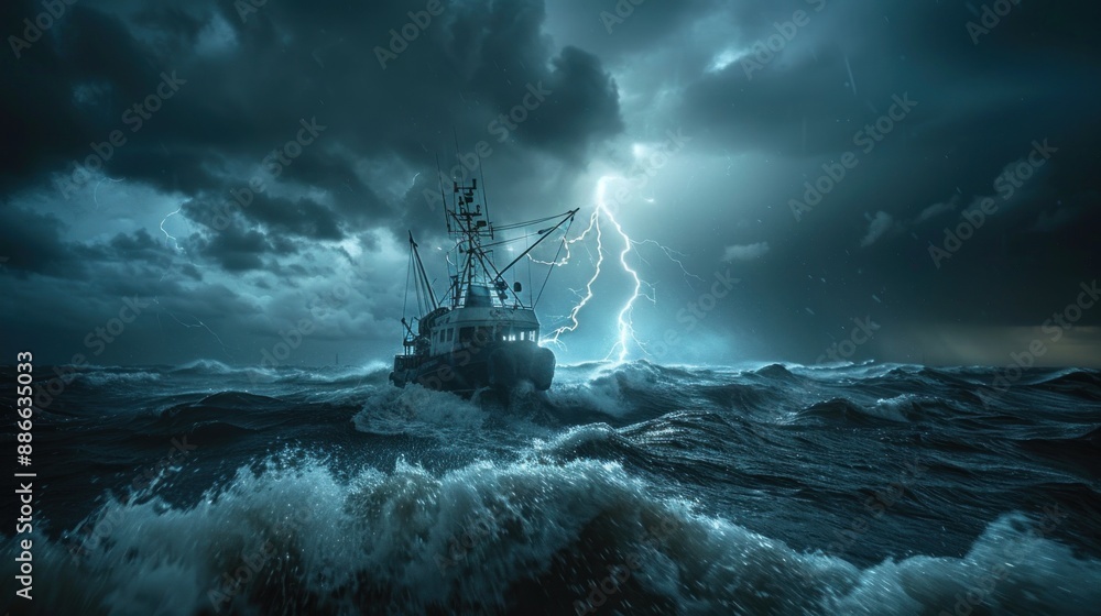A fishing boat sails through a violent storm, its deck awash with ...