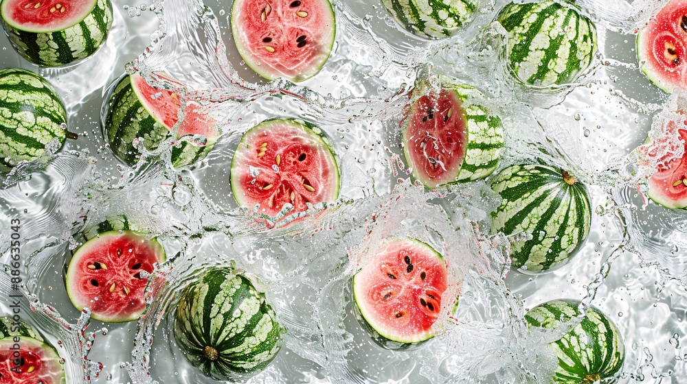 Whole and sliced seedless watermelons being rinsed with water creating ...