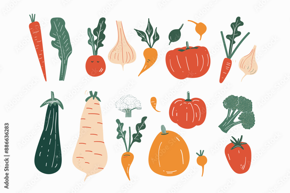 Cute cartoon vegetable vector character set. Tomato, broccoli, carrot ...
