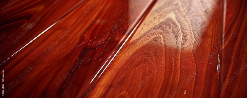A close-up of high-gloss cherry wood paneling, showcasing its deep ...
