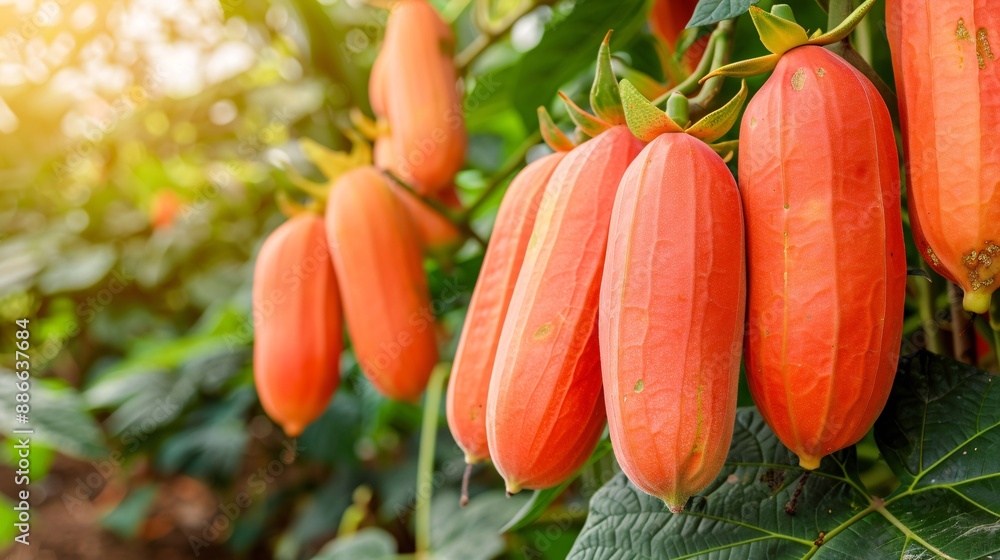 People picking Mexican Red papayas on a tree with a backdrop of lush ...