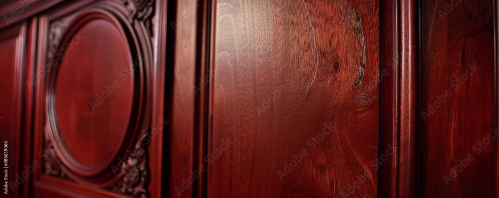 A close-up view of luxury wood paneling with a rich mahogany finish ...