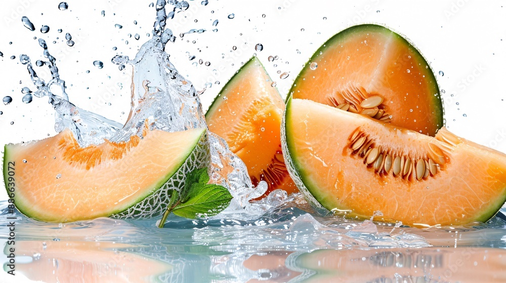 Whole cantaloupes dropped into crystal clear water creating a ...