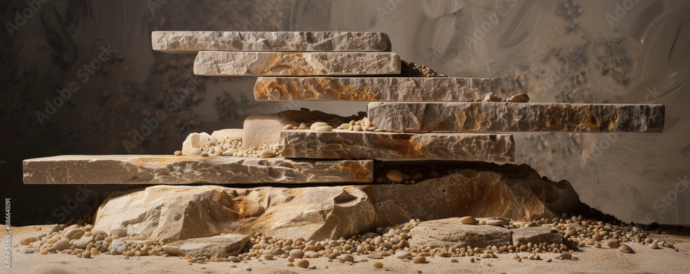 Foto de A layered stone podium with varying heights, creating a dynamic ... Foto de A layered stone podium with varying heights, creating a dynamic ...