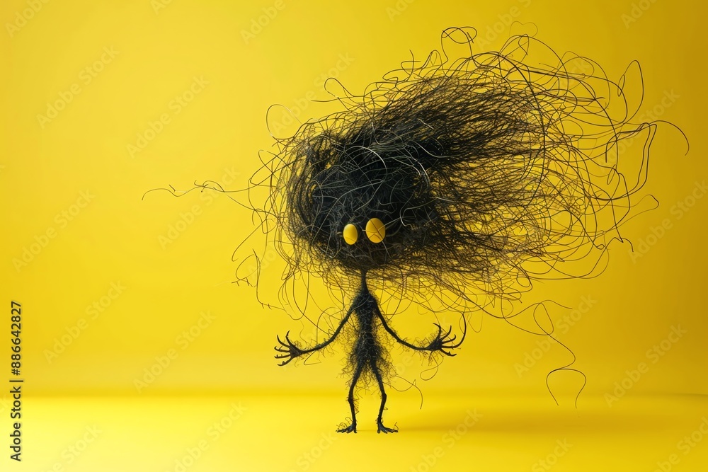 Abstract black wire sculpture shaped like a quirky creature with yellow ...