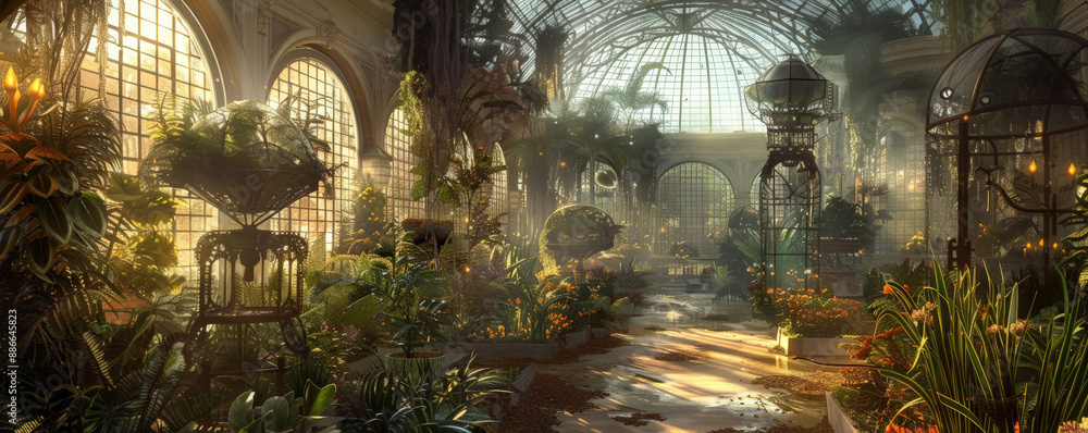 A steampunk botanical garden with mechanical plants, steam-powered ...