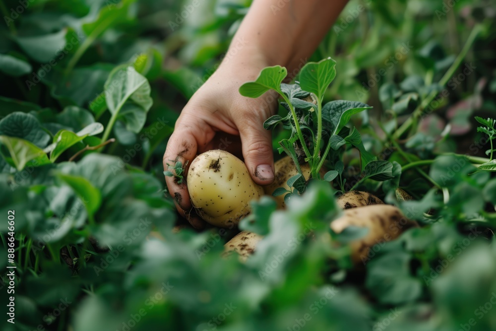 Hand picks ripe yellow potato from lush green garden soil. Close-up ...