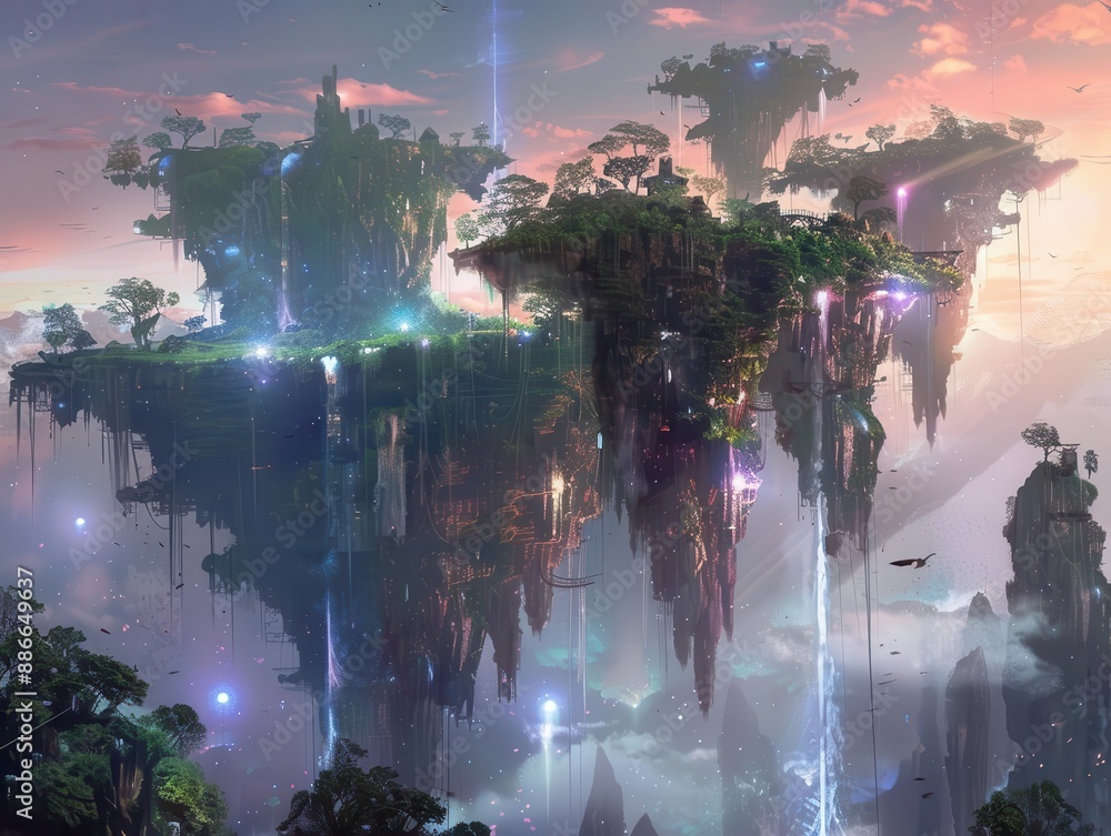 surreal floating islands with waterfalls and alien flora bioluminescent ...