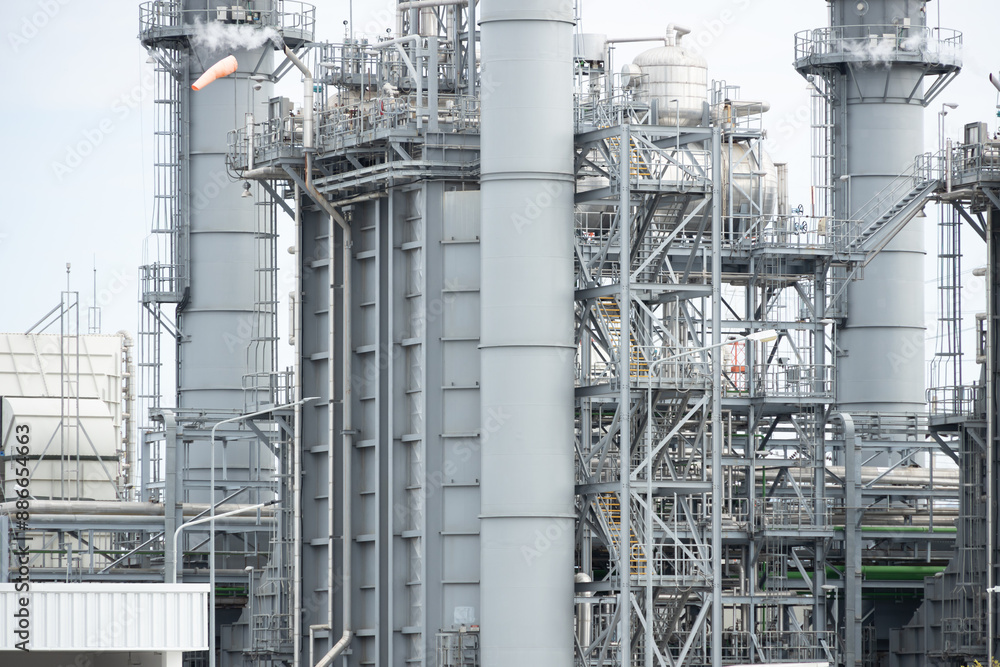 Oil petroleum refinery plant building distillation columns tower ...
