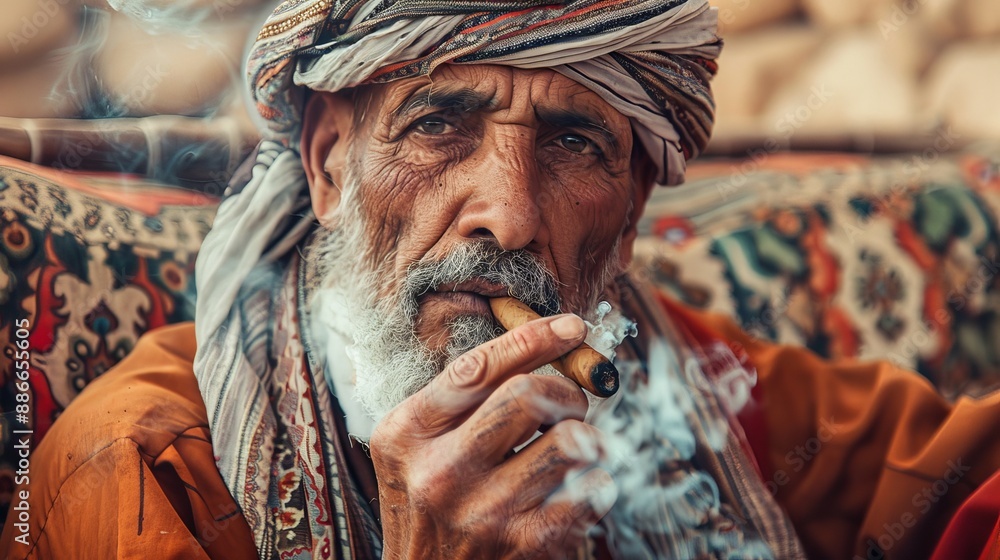 Arab Shepherd in Traditional Attire Smoking Ancient Cigar in Hot Desert ...