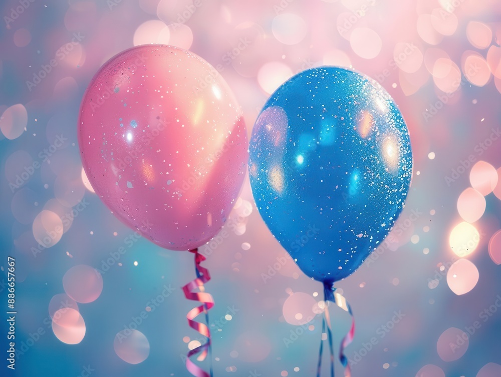 whimsical gender reveal floating pink and blue balloons with sparkling ...