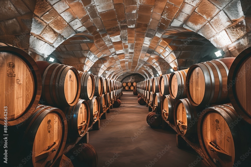 Wine cellar interior with stacked oak barrels, stone walls, archway ...
