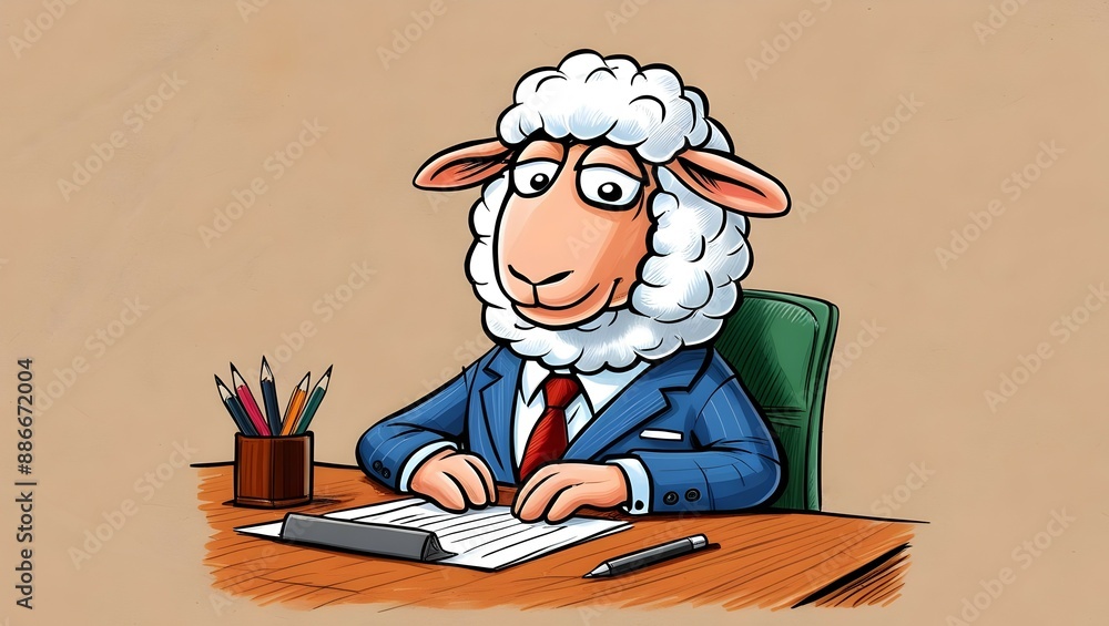 Content looking sheep in blue suit at work desk, Happiness with work ...