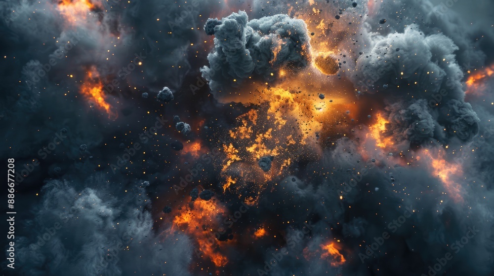 Fire bomb particles flying in dark gray smoke clouds, intense explosion ...