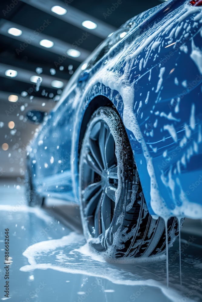 Blue car interior shines with white upholstery. Soap bubbles cover ...