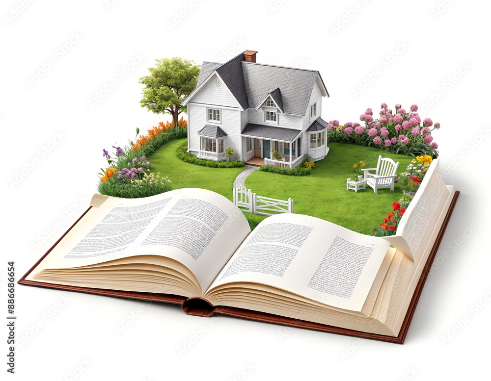 miniature model of a house with a tree and lawn, placed on a book page ...