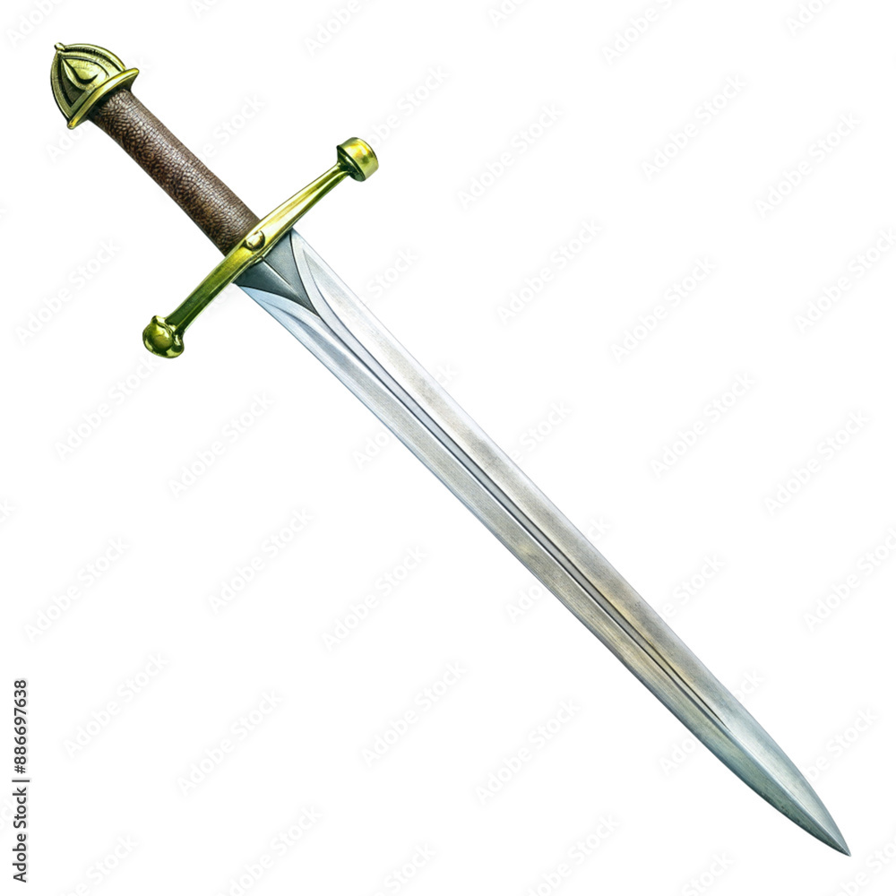 Old sword with long silver blade golden hilt on transparent background ...
