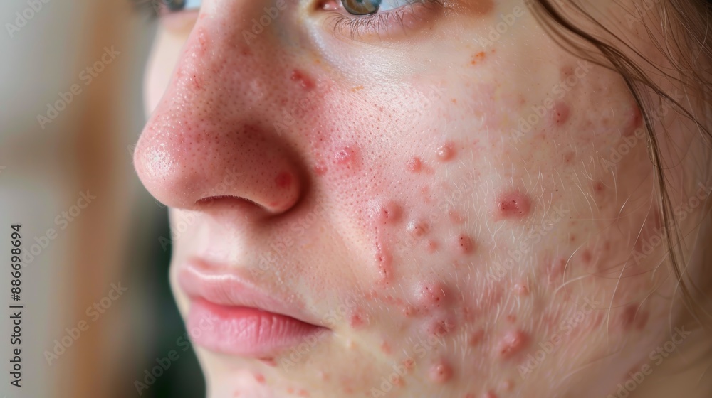 acne on woman face with rash skin, scar, and red skin syndrome allergic ...