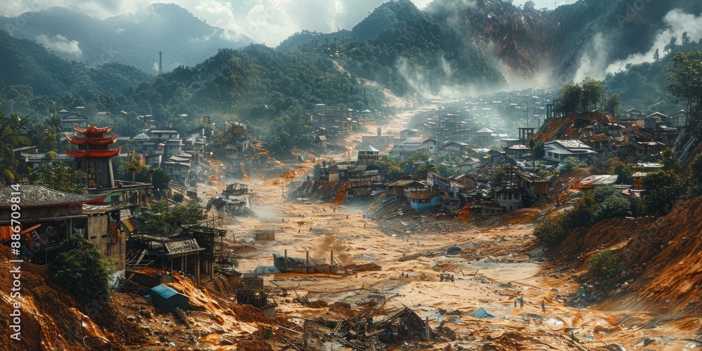 Severe landslide triggered by deforestation and construction, causing ...