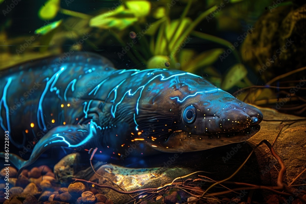 Electric Eel in Tank An electric eel in an aquarium tank, its body ...