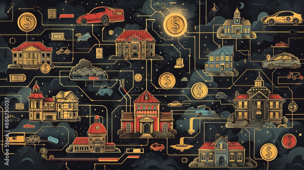 Illustration of a mind map with symbols of wealth like gold bars ...