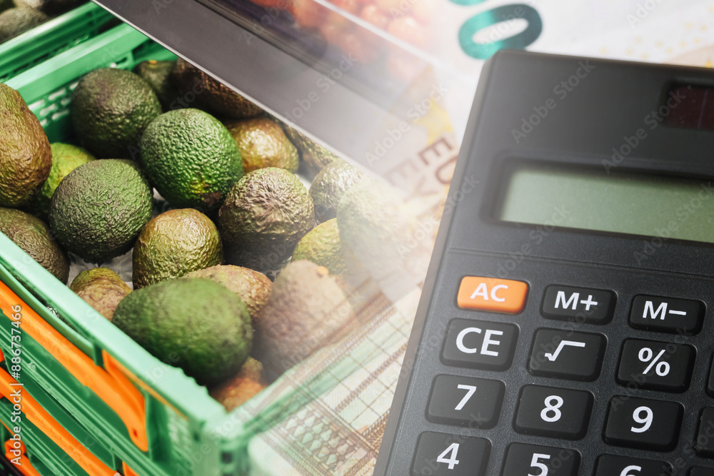 Fruit prices background. Food texture. Calculator and euro bills ...