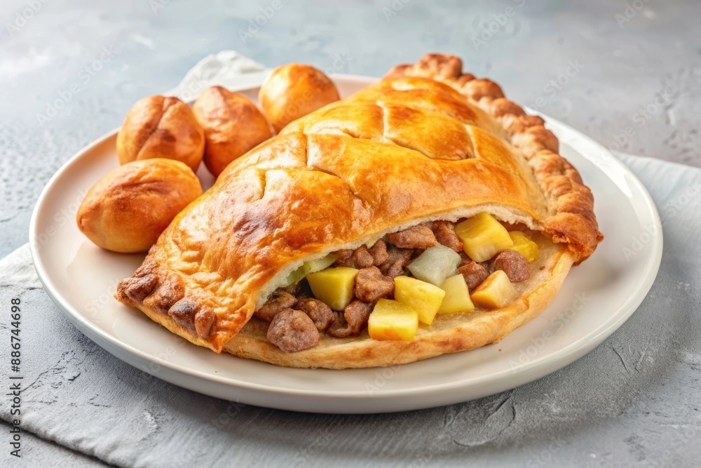 Cornish pasty with a golden, flaky crust, filled with meat, potatoes ...