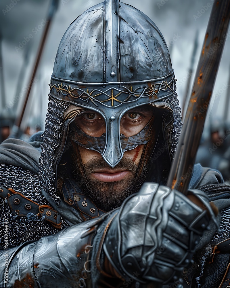 Medieval soldier in chainmail, gripping a spear, close-up shot showing ...
