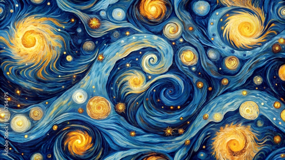 Swirling starry night pattern with Van Gogh inspired swirls and galaxy elements, Van Gogh, night ...