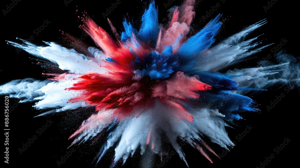 Colored powder explosion. red, white and blue colors dust on black ...
