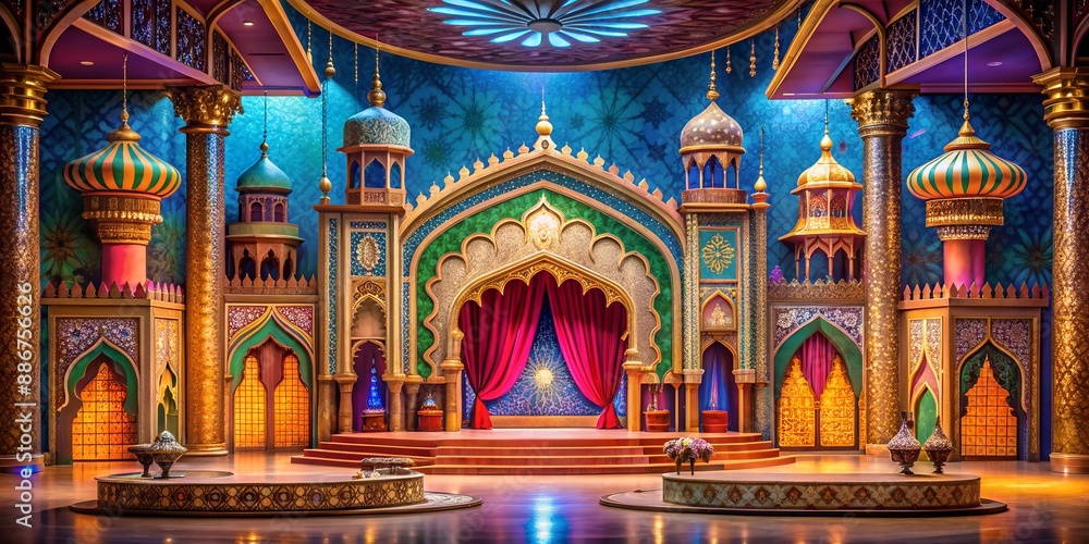 Opulent Arabian Nights Palace Theatre stage scene with intricate ...
