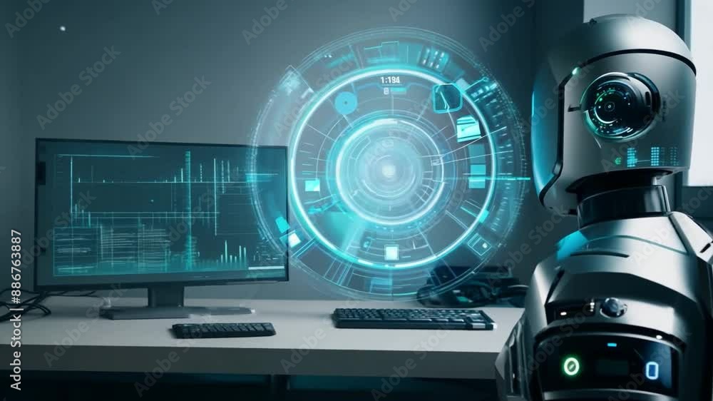 AI chatbot robot support working at a desk with a computer acting as artificial intelligence ...